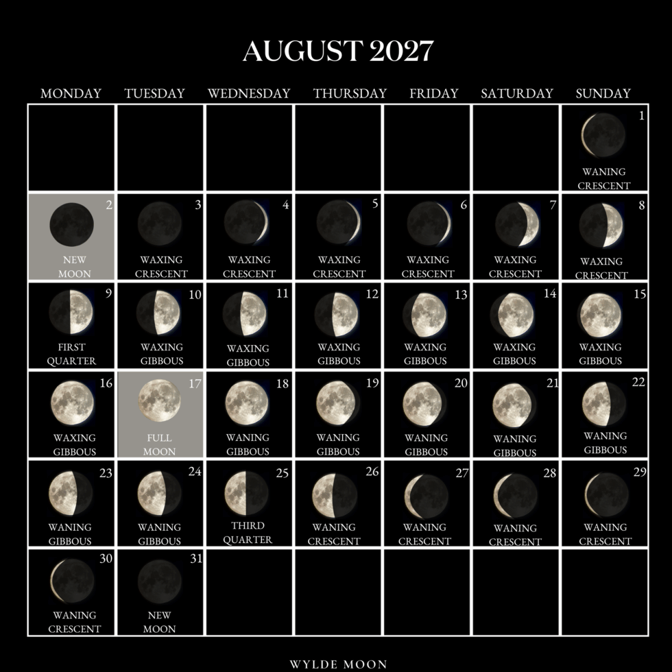 2027 Moon Calendar - every phase and stage of the moon