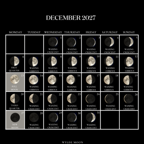 2027 Moon Calendar - every phase and stage of the moon