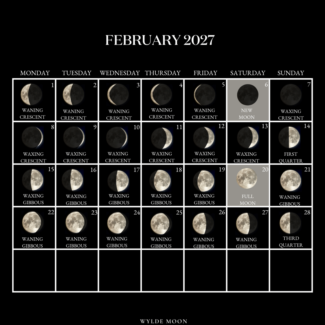 2027 Moon Calendar - every phase and stage of the moon