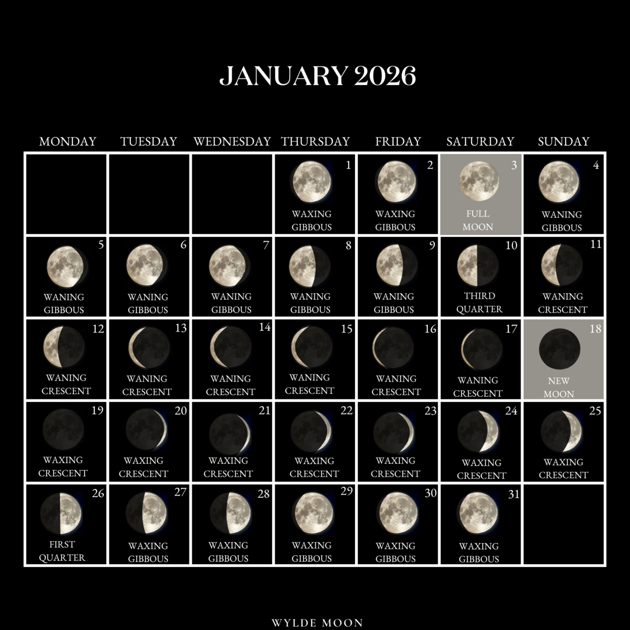 2026 Moon Calendar - every phase and stage of the moon