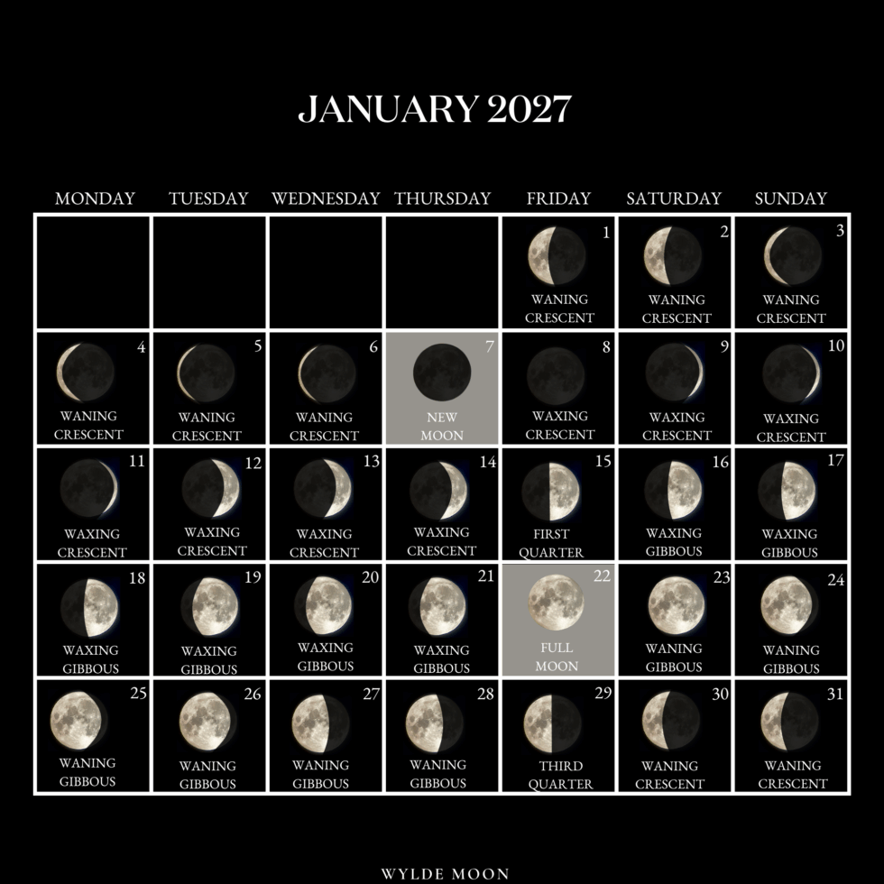 2027 Moon Calendar - every phase and stage of the moon