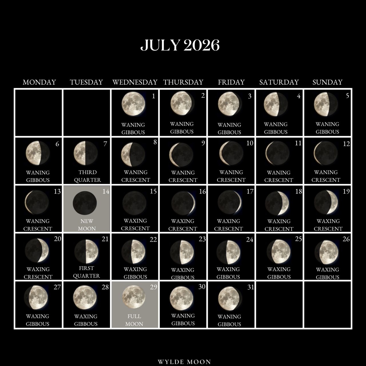 2026 Moon Calendar - every phase and stage of the moon
