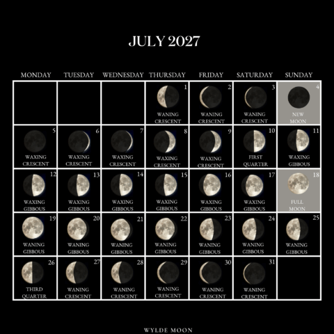 2027 Moon Calendar - every phase and stage of the moon
