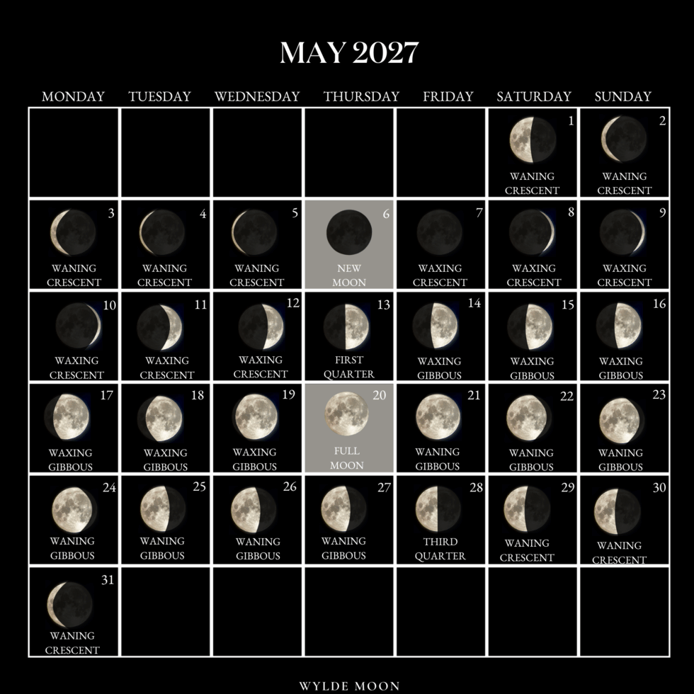 2027 Moon Calendar - every phase and stage of the moon
