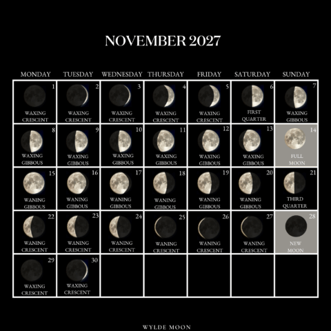 2027 Moon Calendar - every phase and stage of the moon