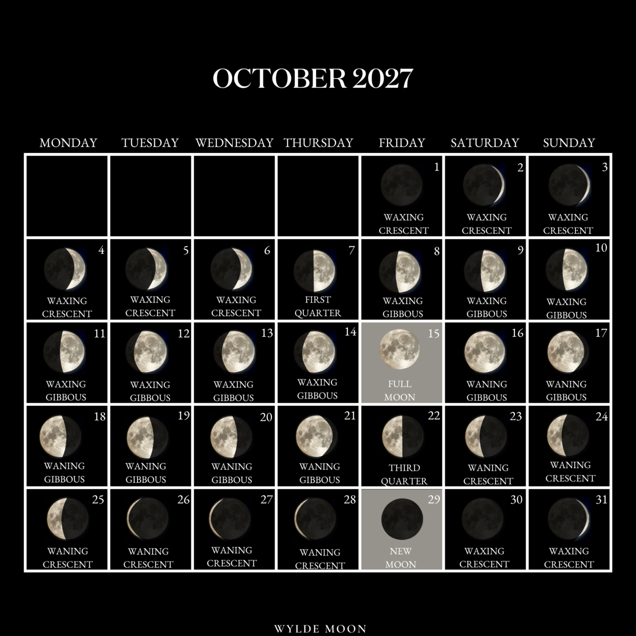 2027 Moon Calendar - every phase and stage of the moon